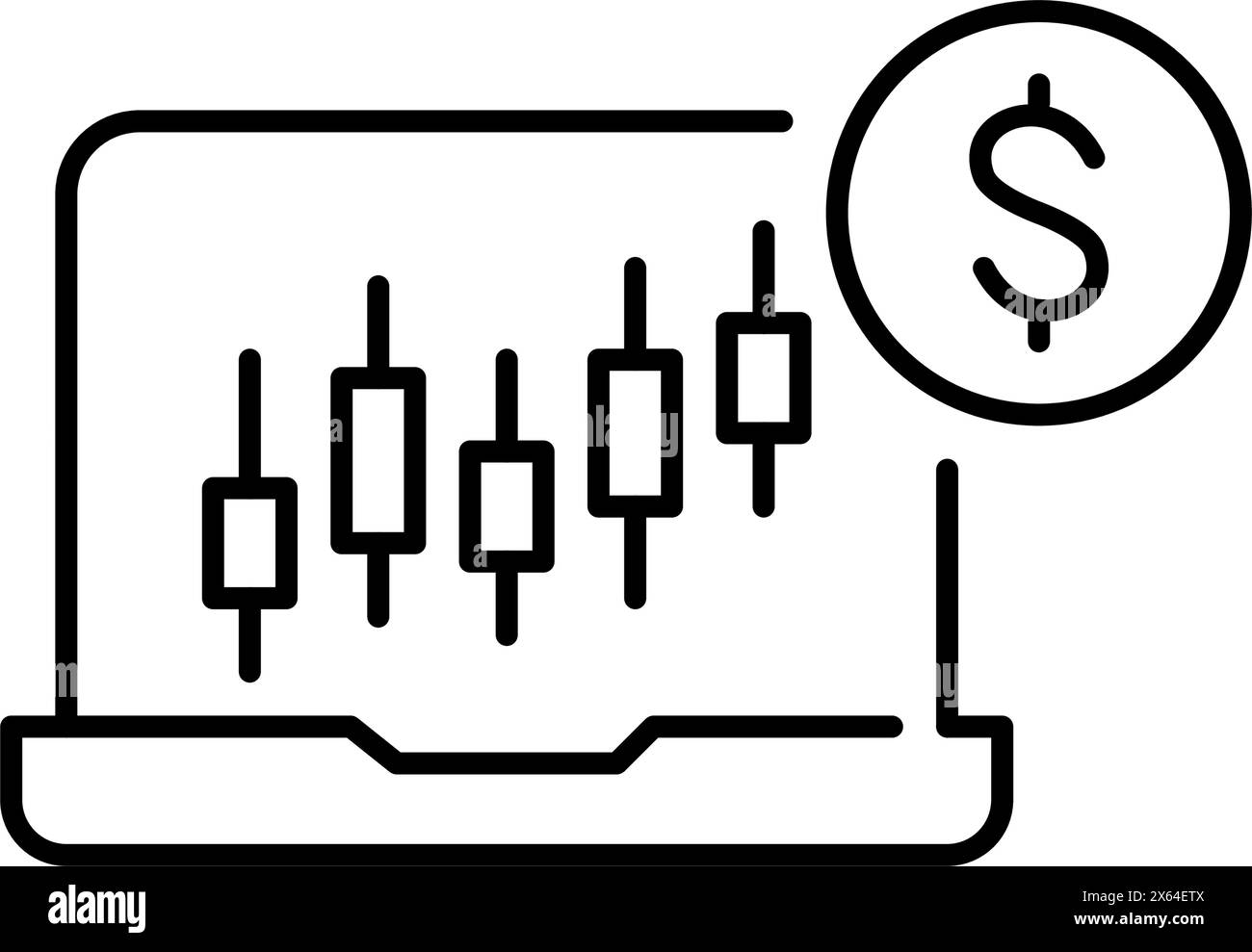 Laptop with candlestick bars graph and dollar sign. Stock trading ...