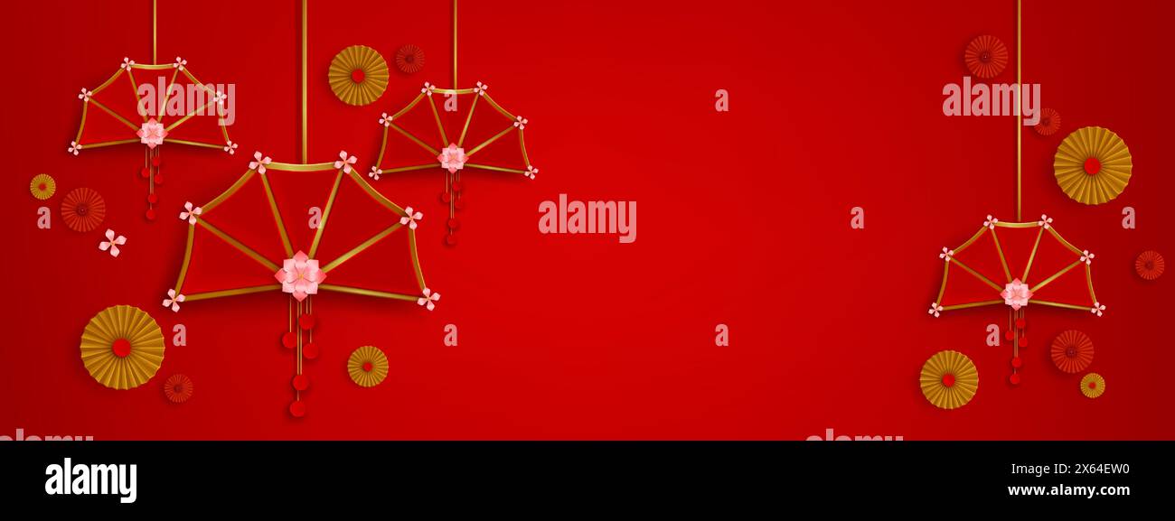 Red Chinese background with paper fan and flowers. Realistic 3d vector ...