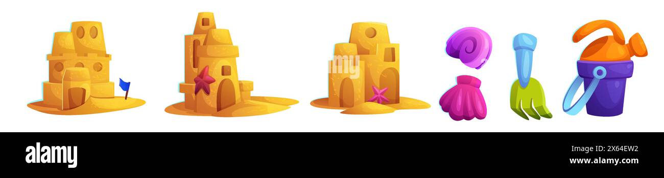 Sand castles and toys set isolated on white background. Vector cartoon ...