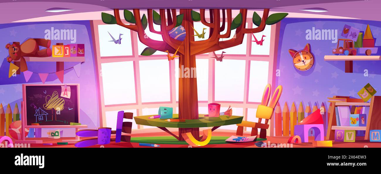 Messy kindergarten classroom cartoon background. Chaos in preschool ...