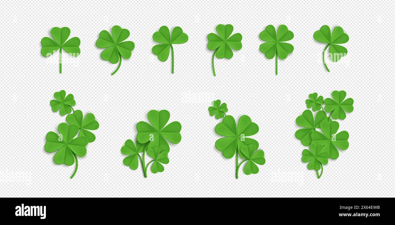Green clover leaf with three and four petals on transparent background. Realistic 3d vector set ...