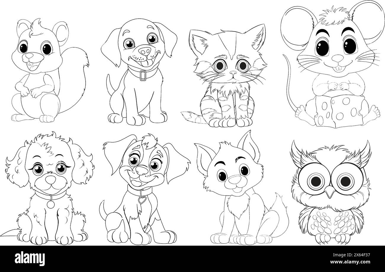 Assorted cute animals in black and white outlines Stock Vector Image ...