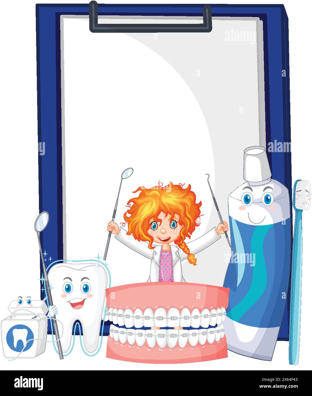 Cartoon dentist with tools and smiling dental products Stock Vector ...