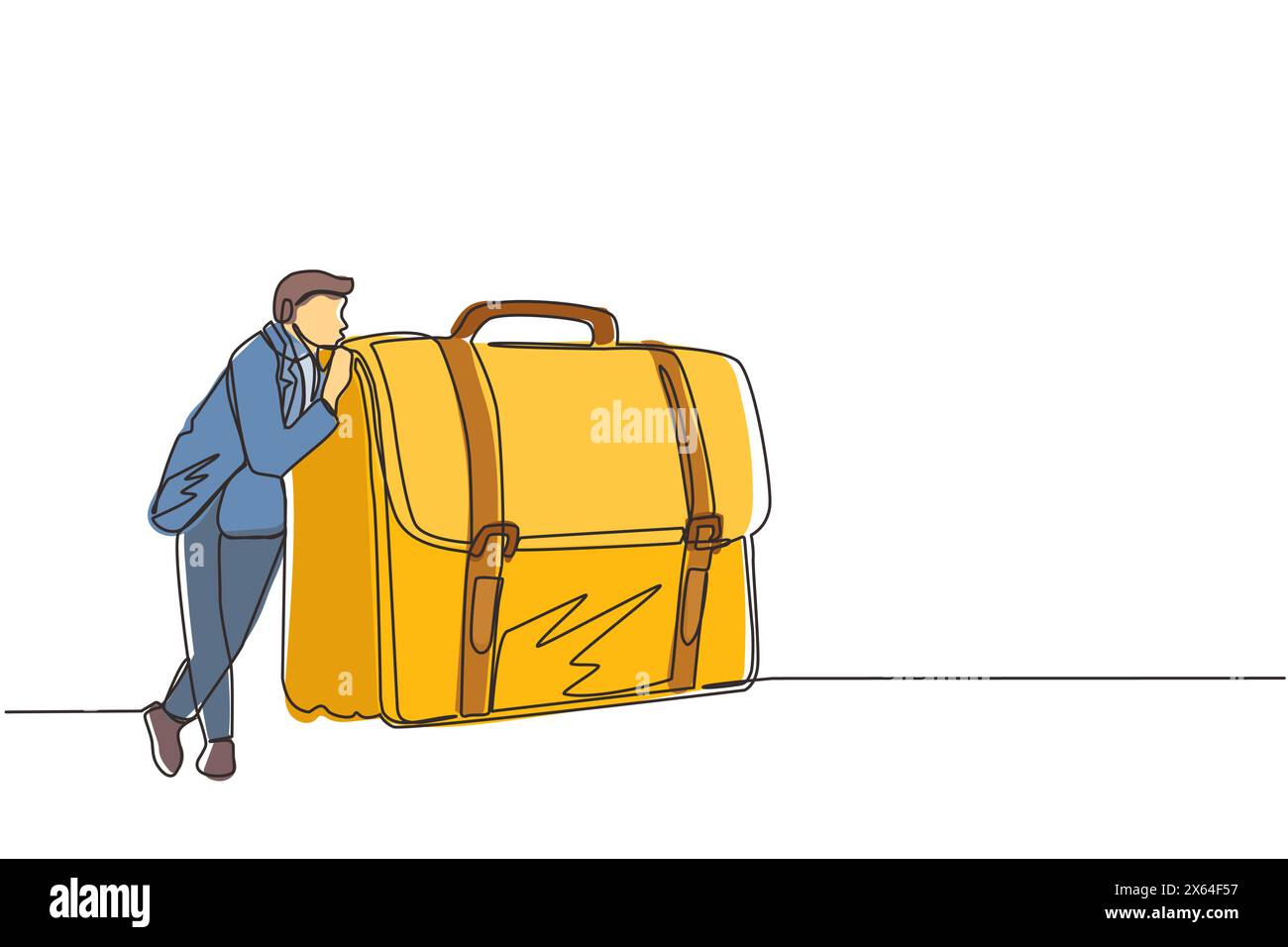 Single one line drawing joyful businessman hugs suitcase with money ...
