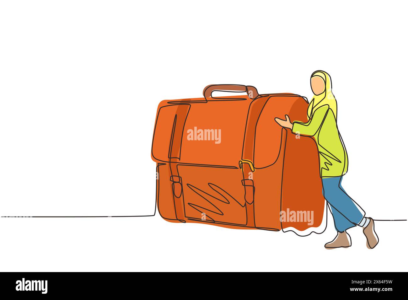 Continuous one line drawing joyful Arabian businesswoman hugs suitcase with money. Arab boss and ...