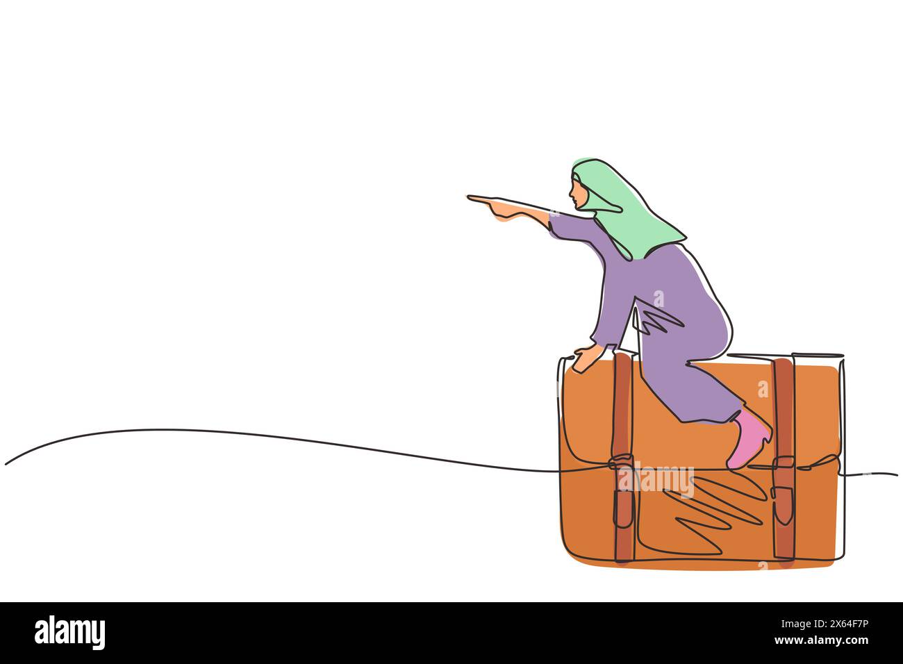 Continuous one line drawing Arabian businesswoman flying on leather ...