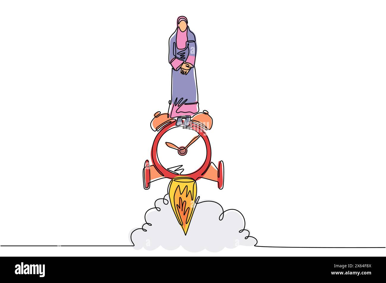 Single continuous line drawing Arabic businesswoman riding alarm clock ...