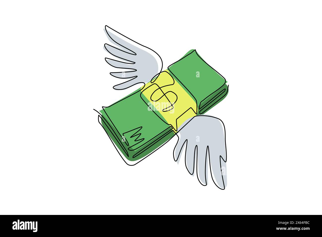 Continuous one line drawing flying money stacks of dollar banknotes ...