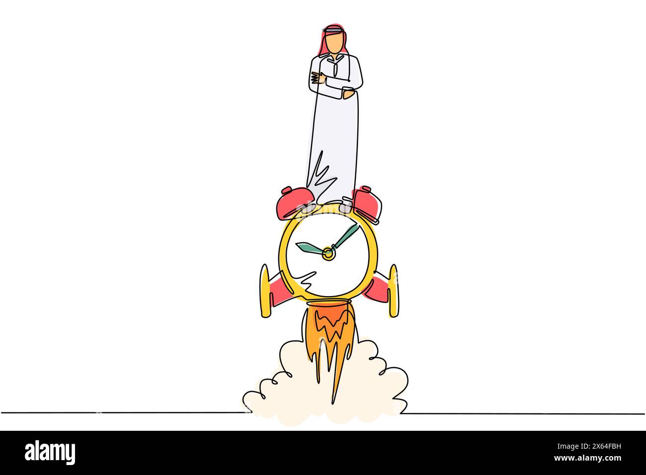 Single continuous line drawing Arabian businessman riding alarm clock ...