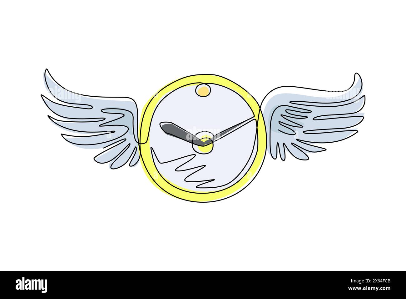 Single one line drawing clock with wings flying in the sky. Lost time ...