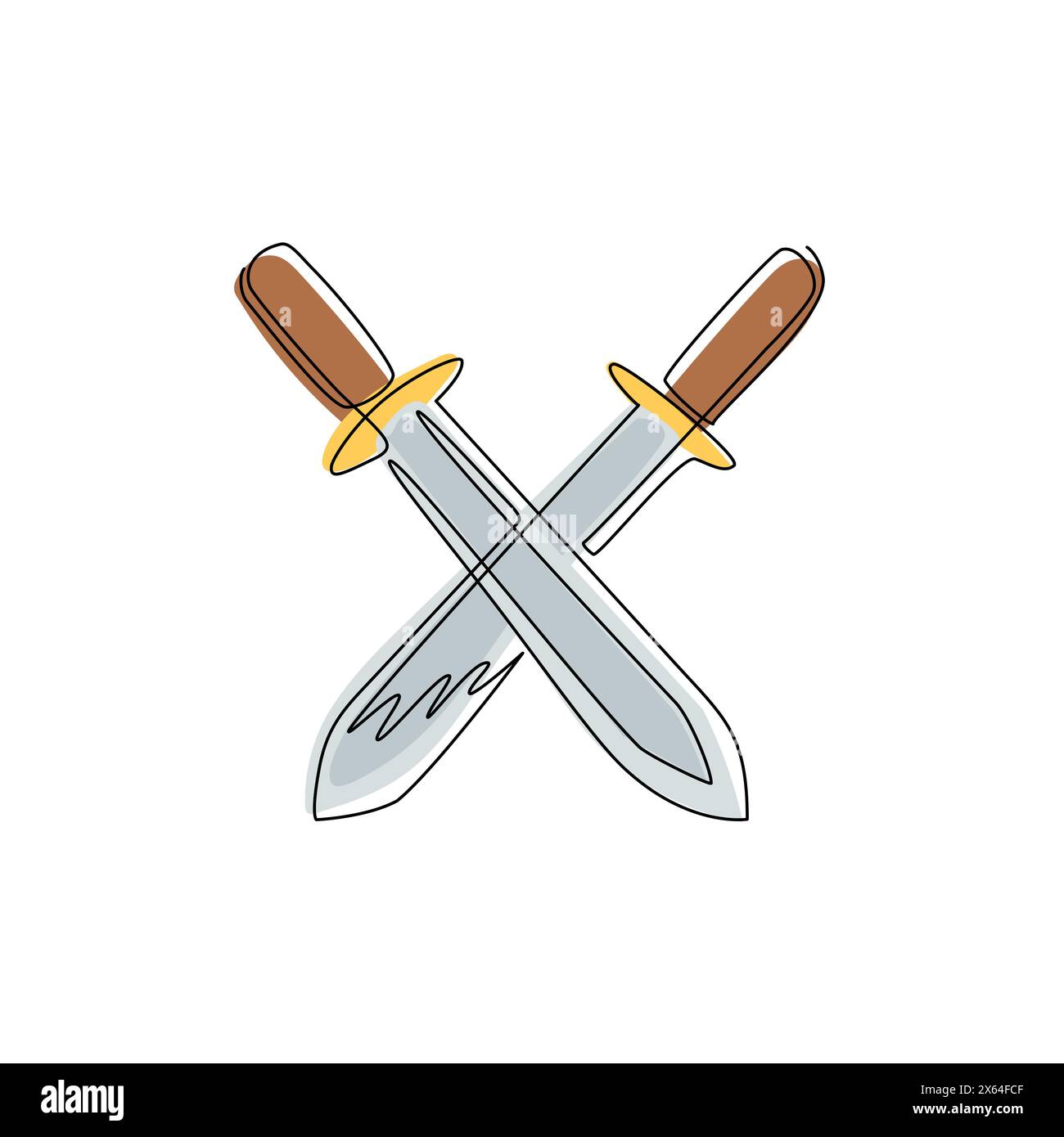 Single one line drawing two crossed swords icon, metal sword, European ...