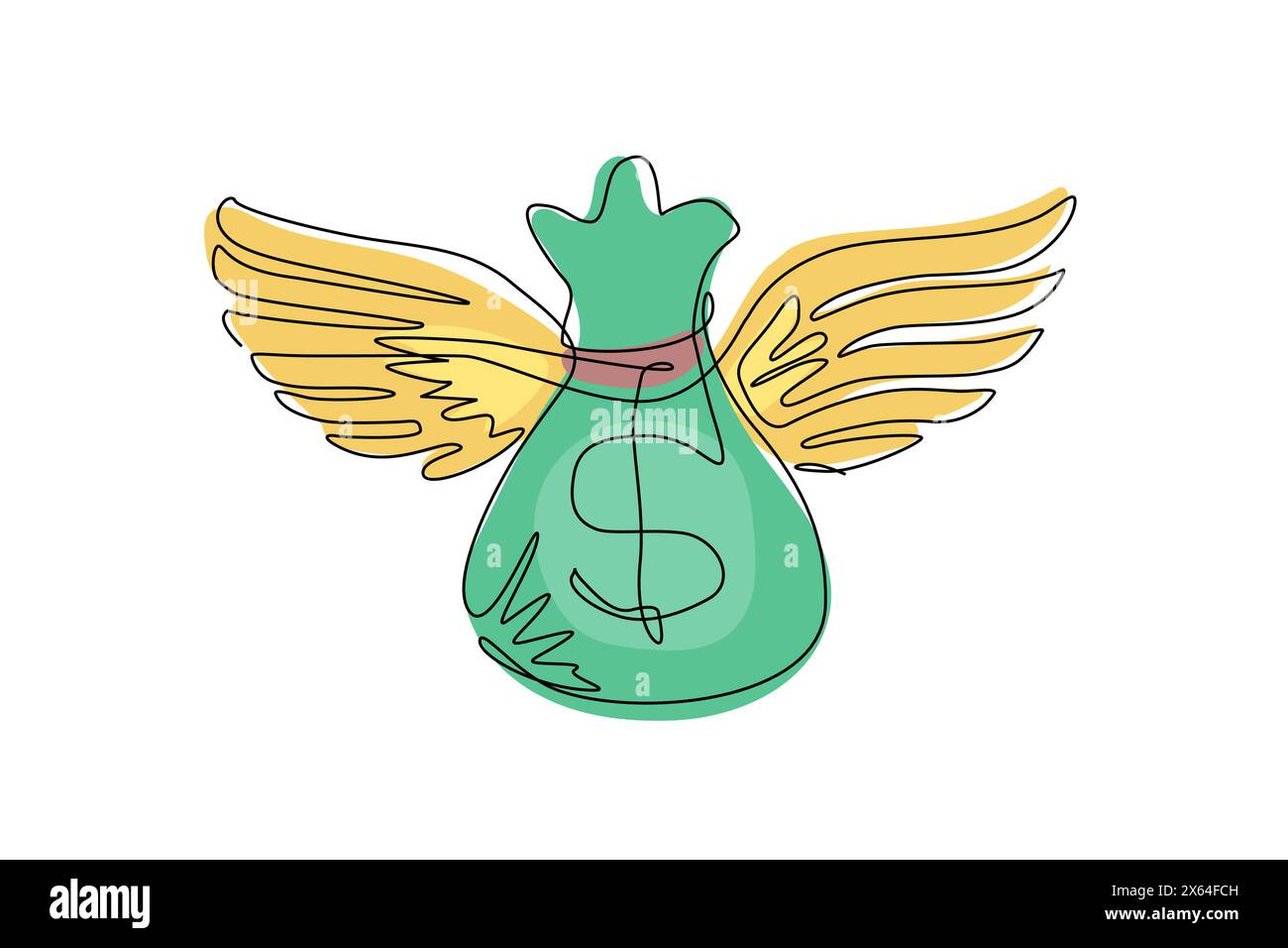 Single one line drawing money bag flying with wings. Dollar money bag ...