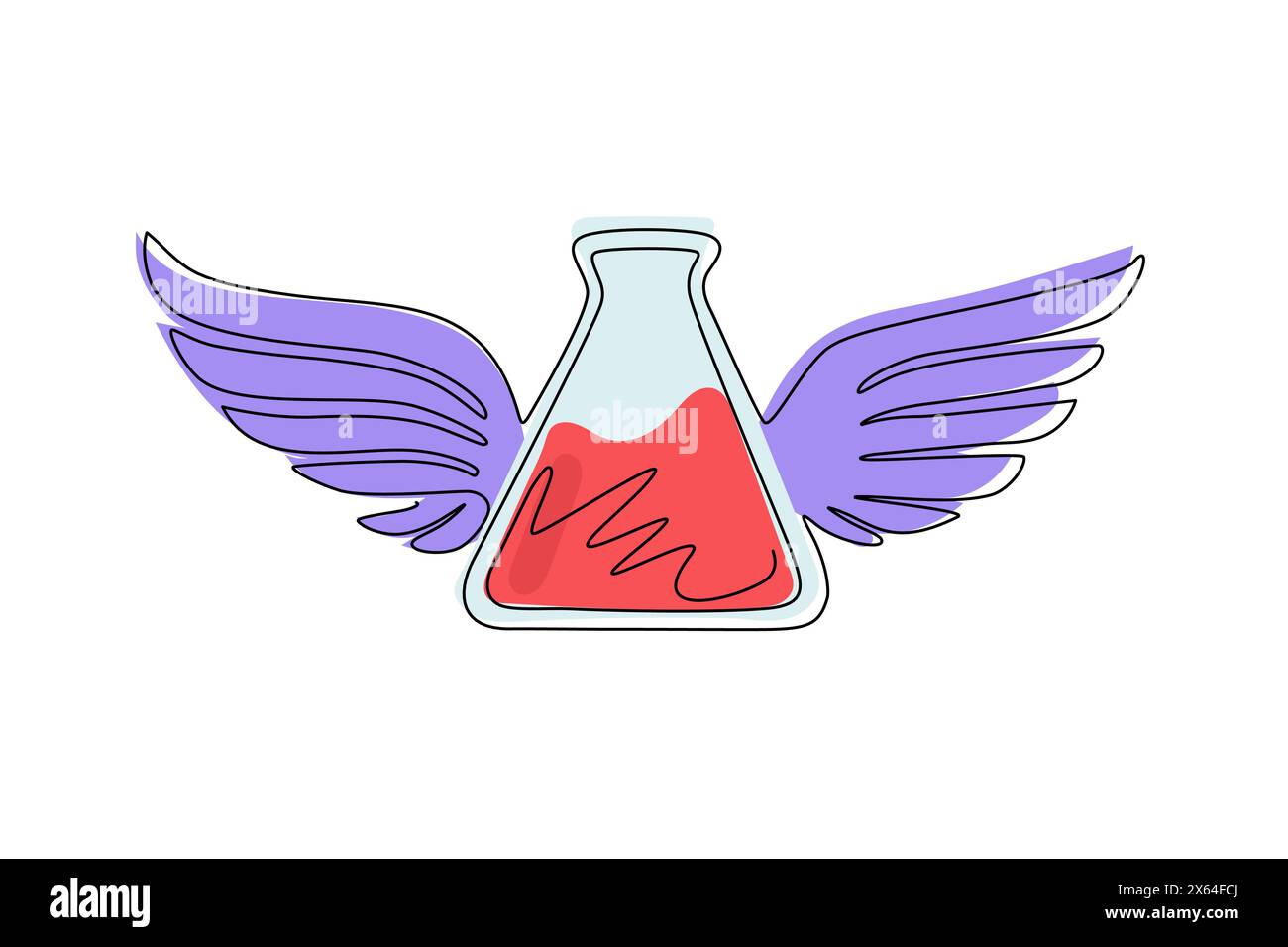 Continuous one line drawing flying test tube with wings. Winged science ...