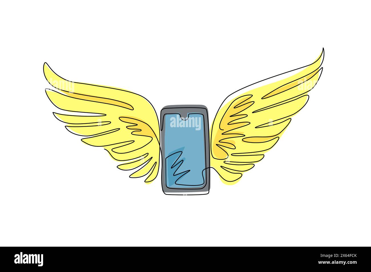 Single continuous line drawing new smart mobile phone flying with wings ...