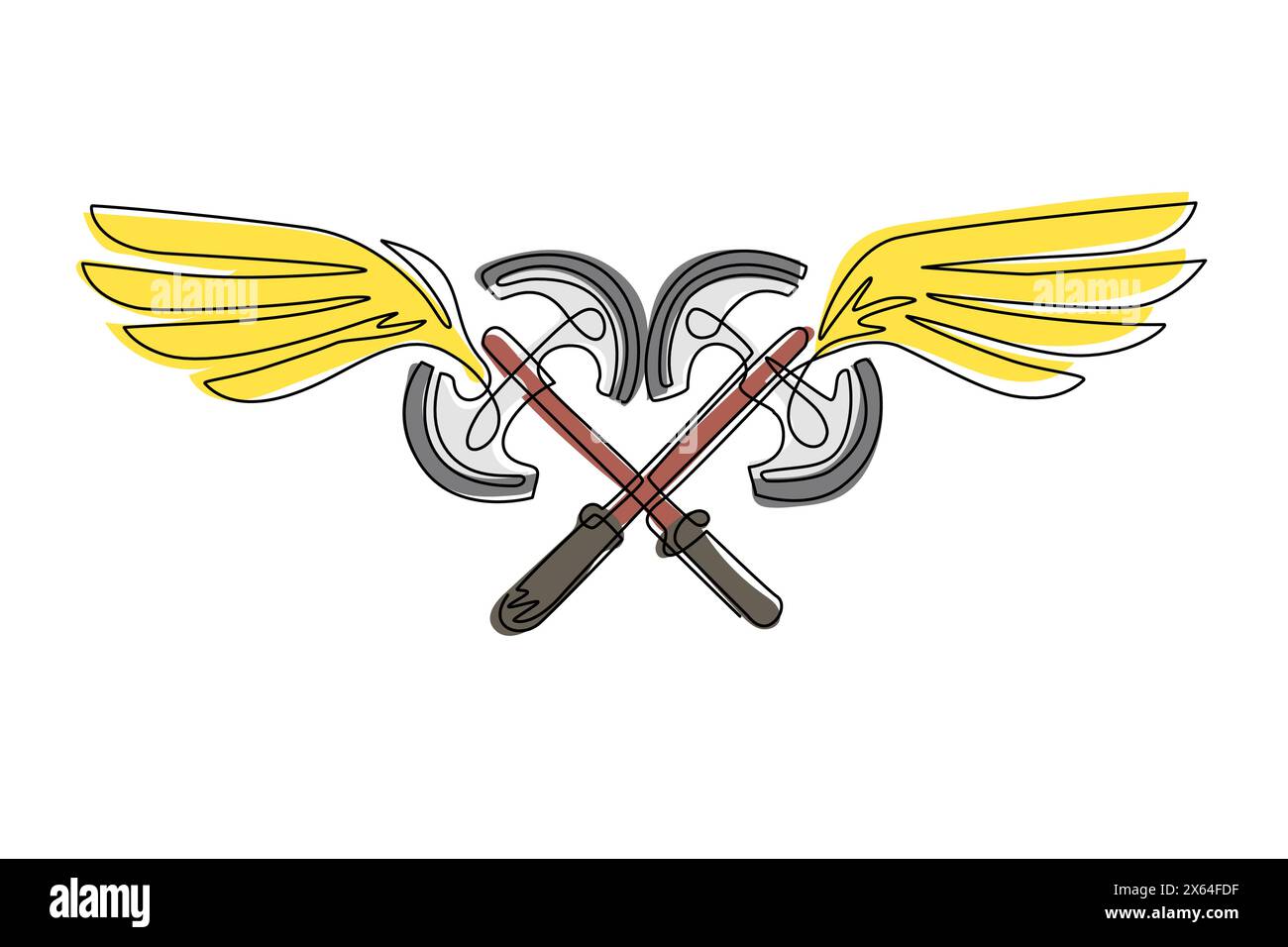Single continuous line drawing flying two crossed axes. Weapon of ...