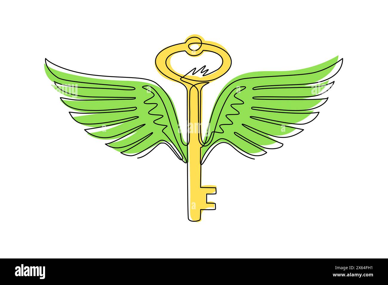 Single one line drawing winged vintage turnkey key isolated. Logo or ...