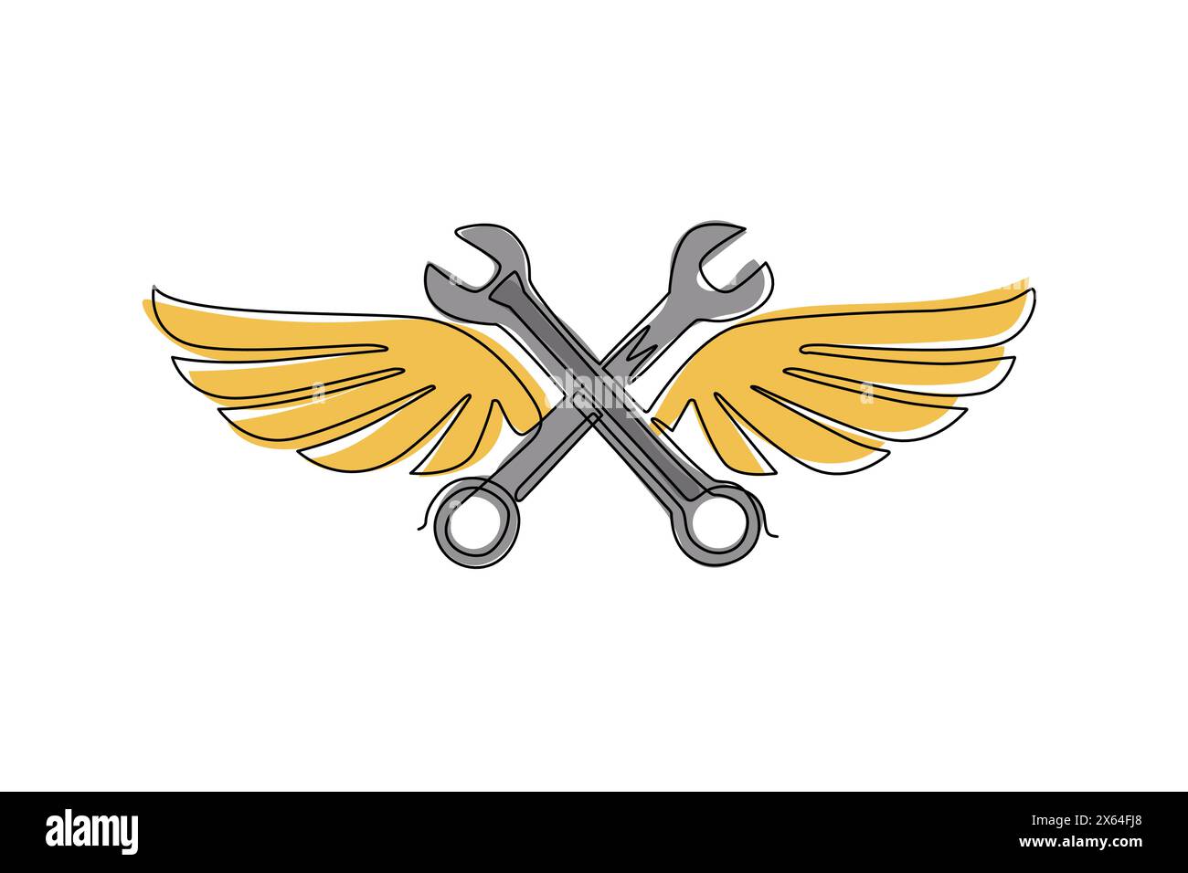 Single continuous line drawing two crossed wrench with wings. Auto ...