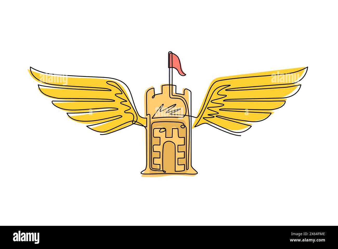 Continuous one line drawing ancient fortress emblem with wings ...