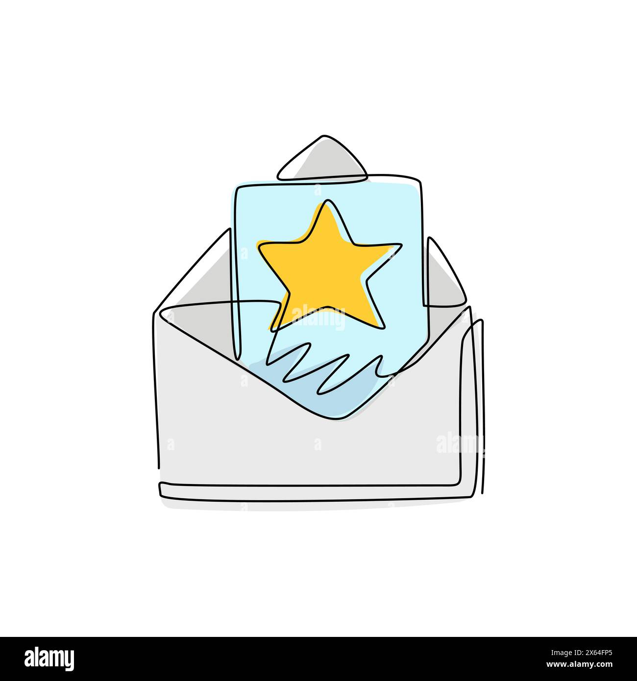 Single one line drawing opened mail envelope with star image. Read ...