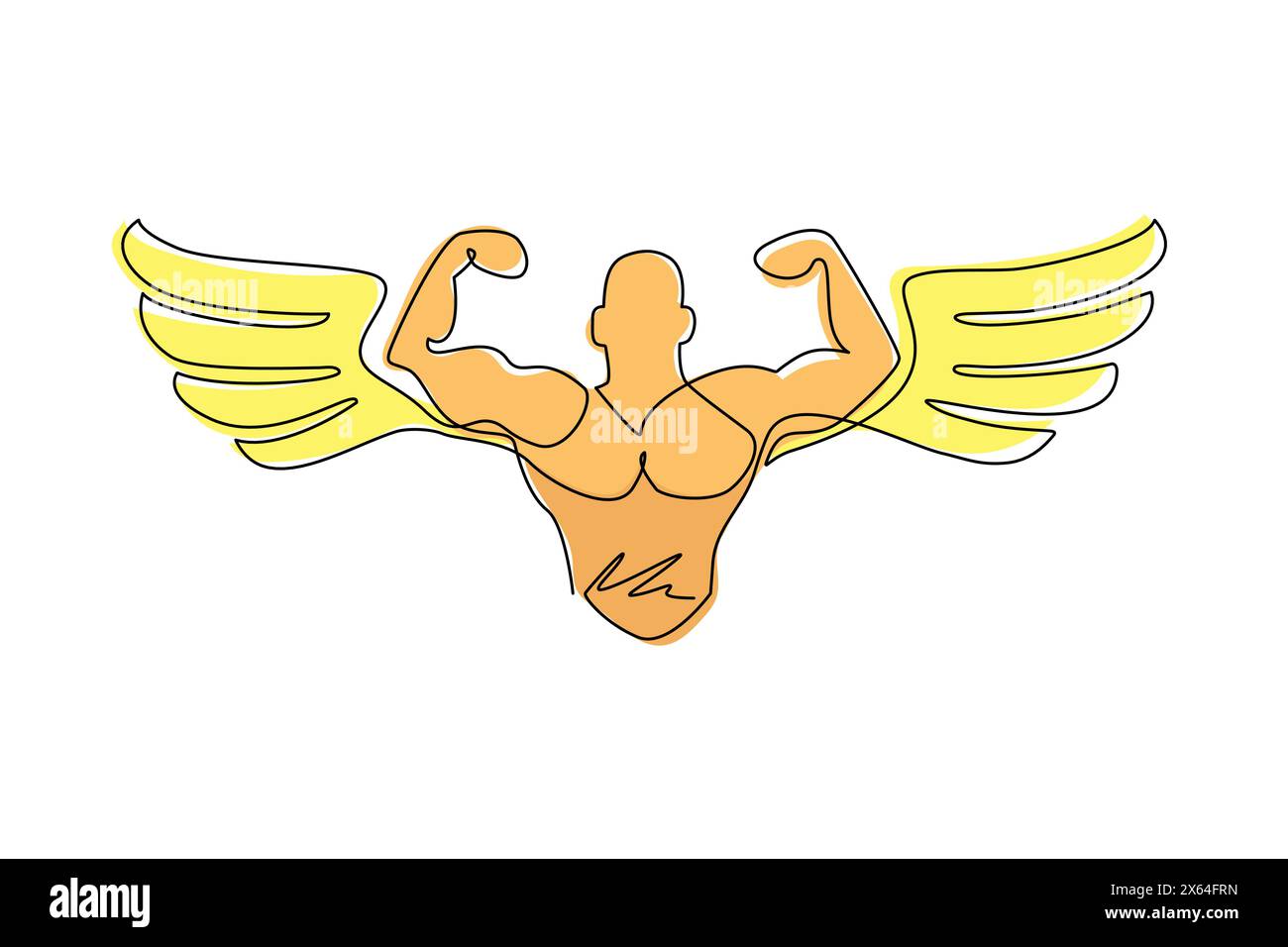 Single one line drawing bodybuilder with wings, fitness and ...