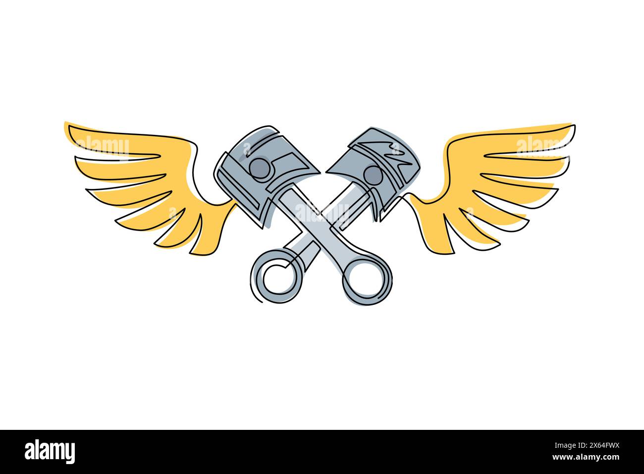Single continuous line drawing two crossed piston with wings icon ...