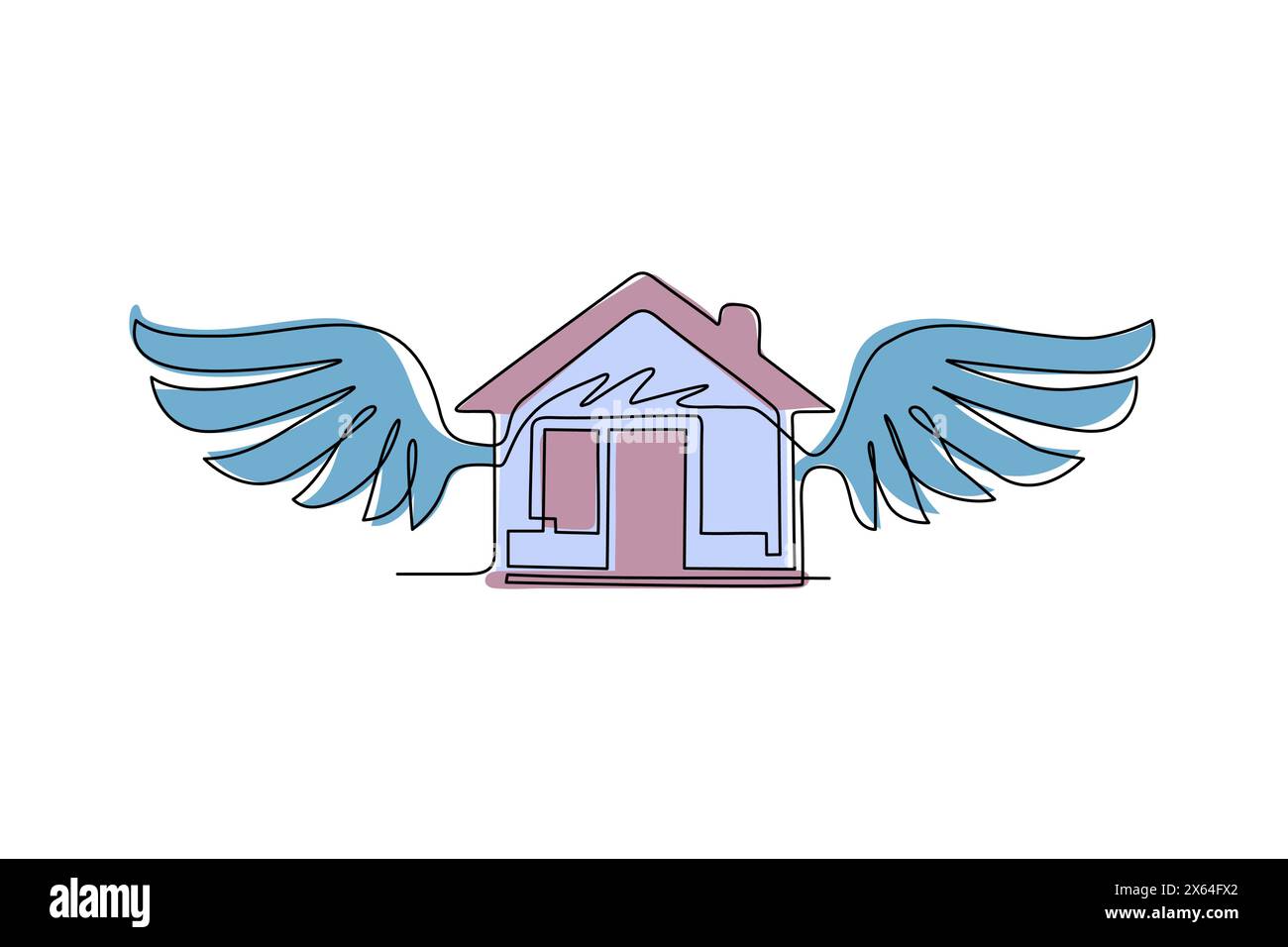 Single continuous line drawing flying house logo with wings as icon for ...
