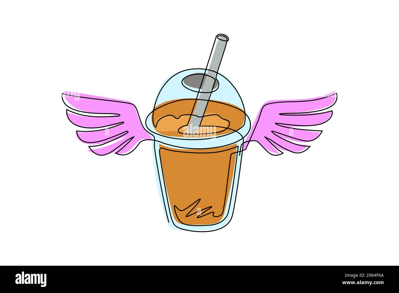 Single one line drawing bubble boba tea drink with wings. Food in ...