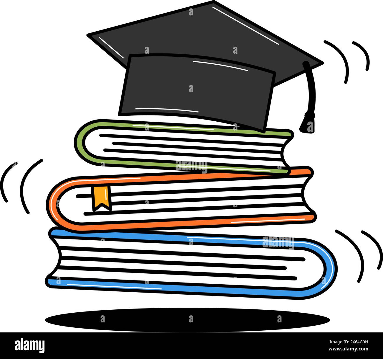 Back to school retro groovy art. Set of books and graduation cap ...