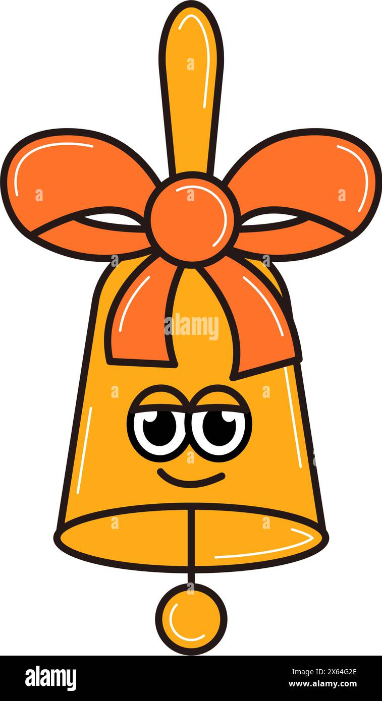 Back school retro funky character. Funny bell with bow and cute face ...