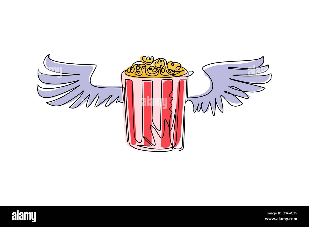 Single continuous line drawing full popcorn bucket with wings logo ...