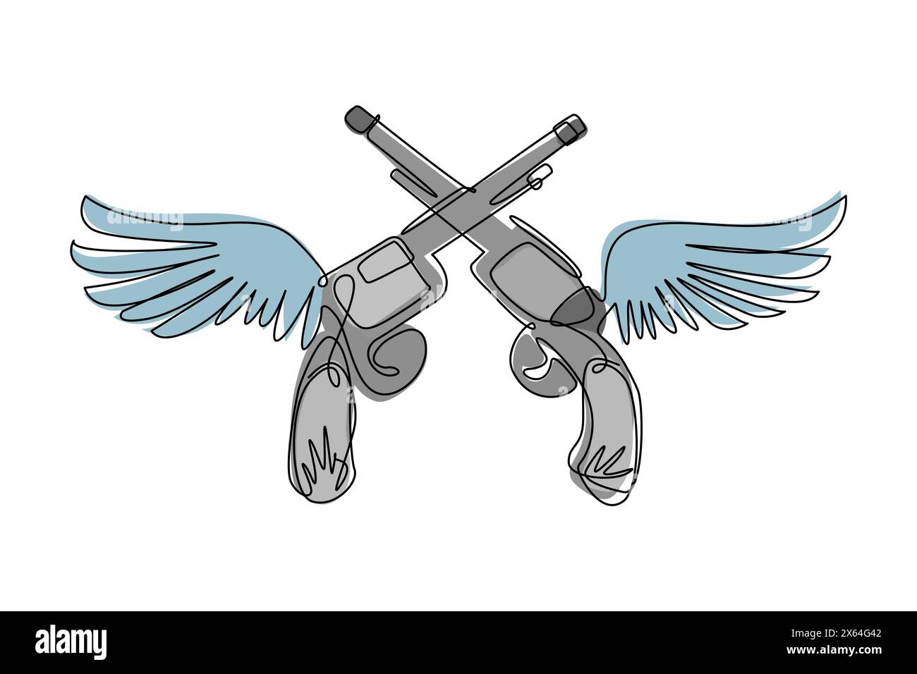 Single continuous line drawing two cowboy revolver guns with wings icon ...