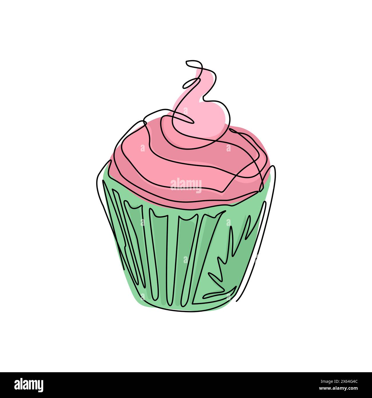 Continuous one line drawing cupcake with cream and cherry logo. Hand drawing art dessert theme ...