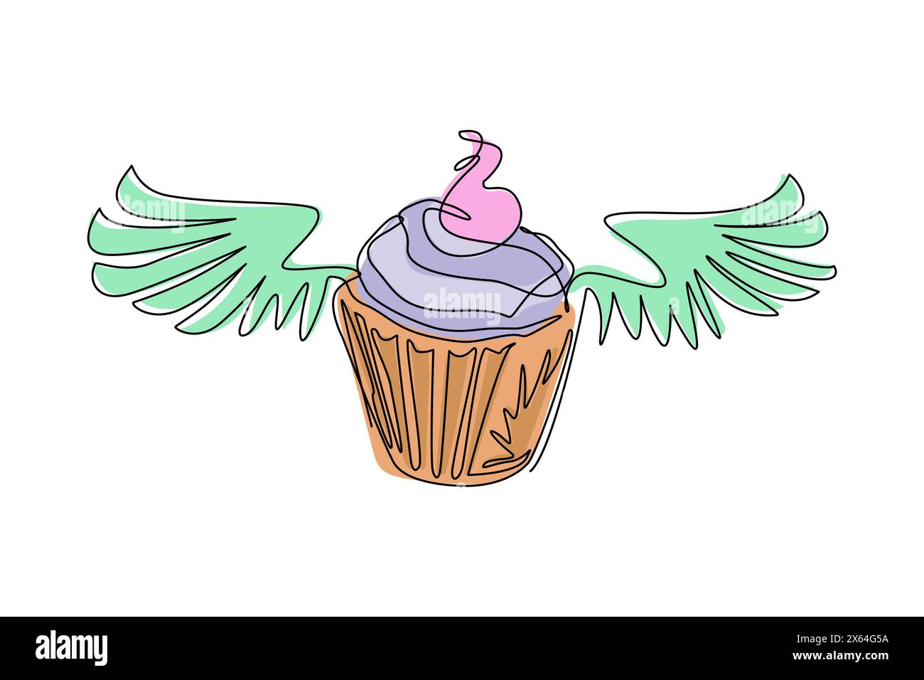 Single continuous line drawing delicious cupcake with wings icon symbol isolated. Winged minimal ...