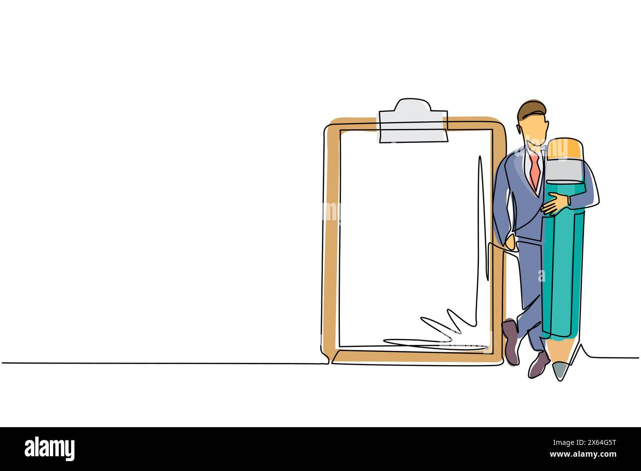Continuous one line drawing businessman holding giant pencil looking at ...