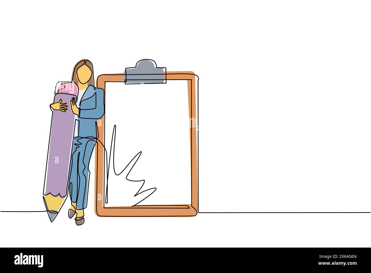 Single continuous line drawing businesswoman holding giant pencil ...