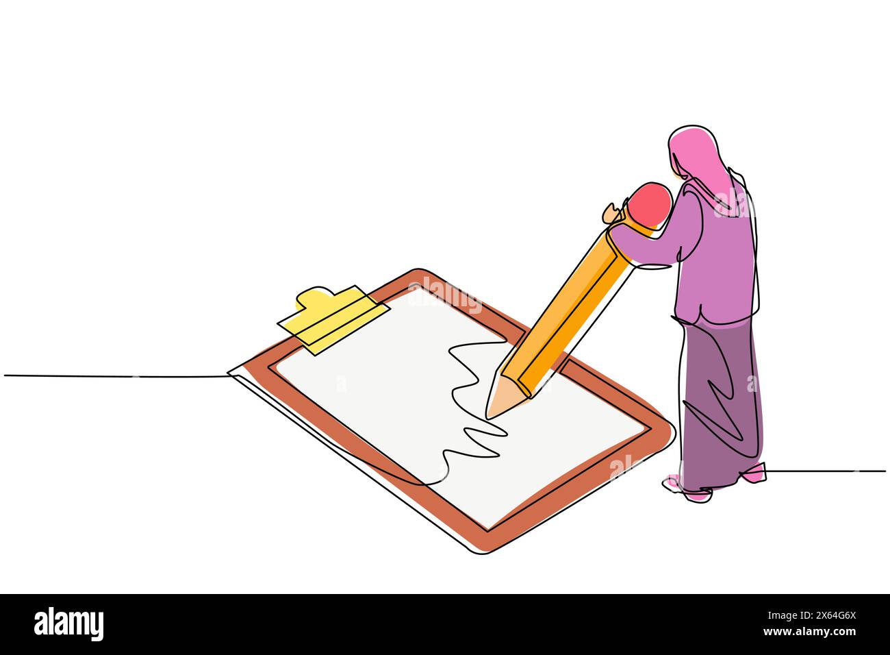 Single one line drawing Arabian businesswoman filled out questionnaire ...