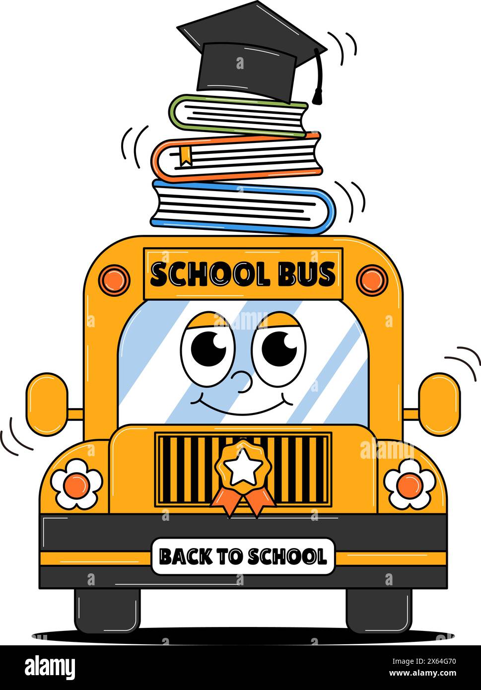 Back to school retro cute character. Funny school bus with books and ...