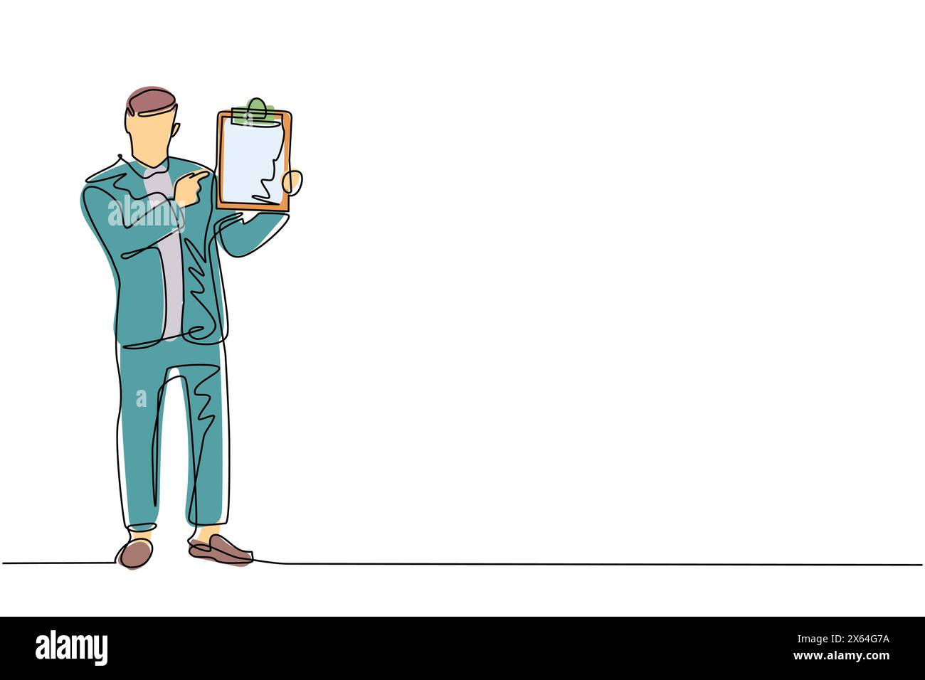 Single one line drawing office workers standing with clipboards. Man in ...