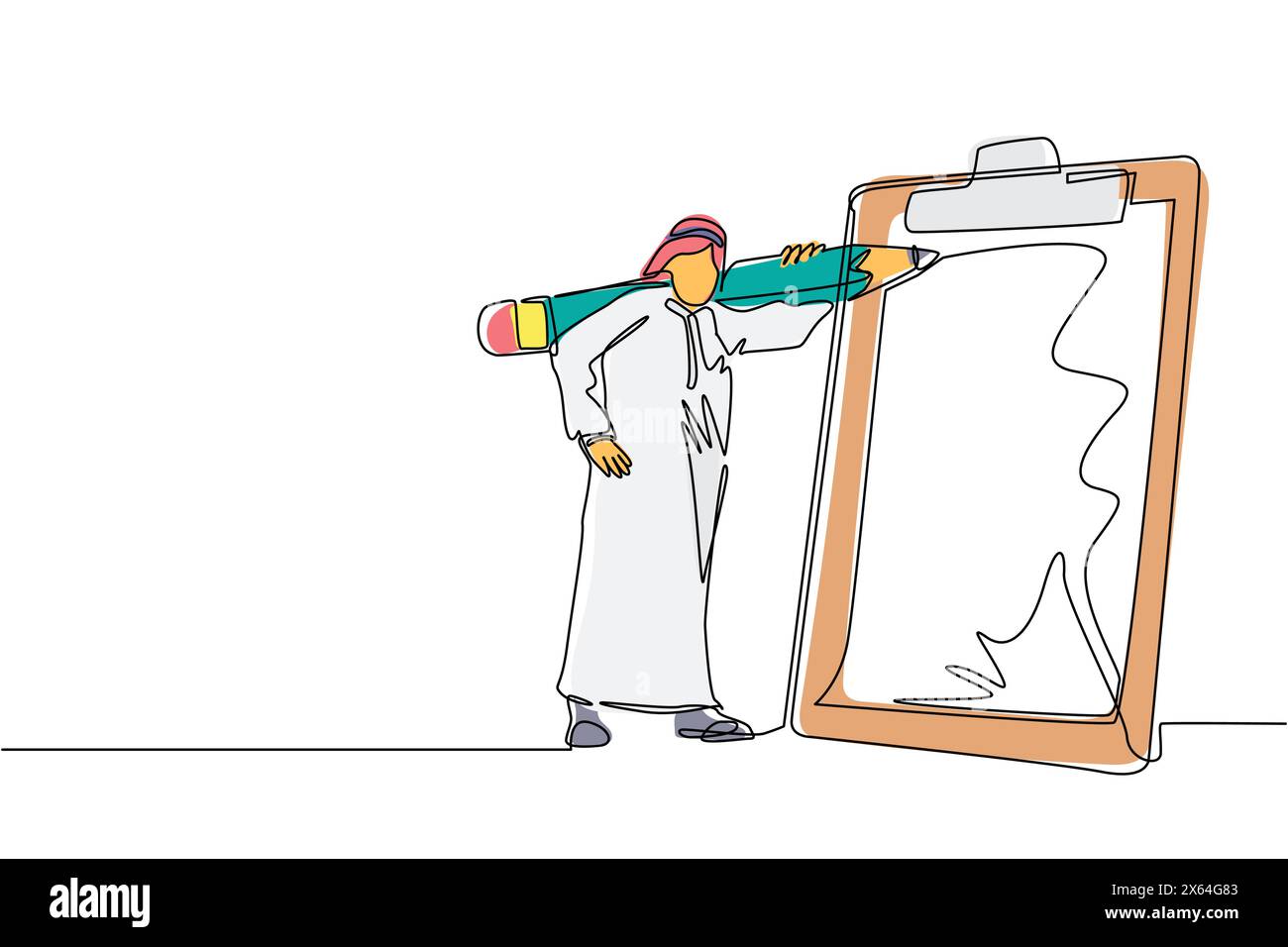 Single continuous line drawing Arabian businessman with giant pencil on ...