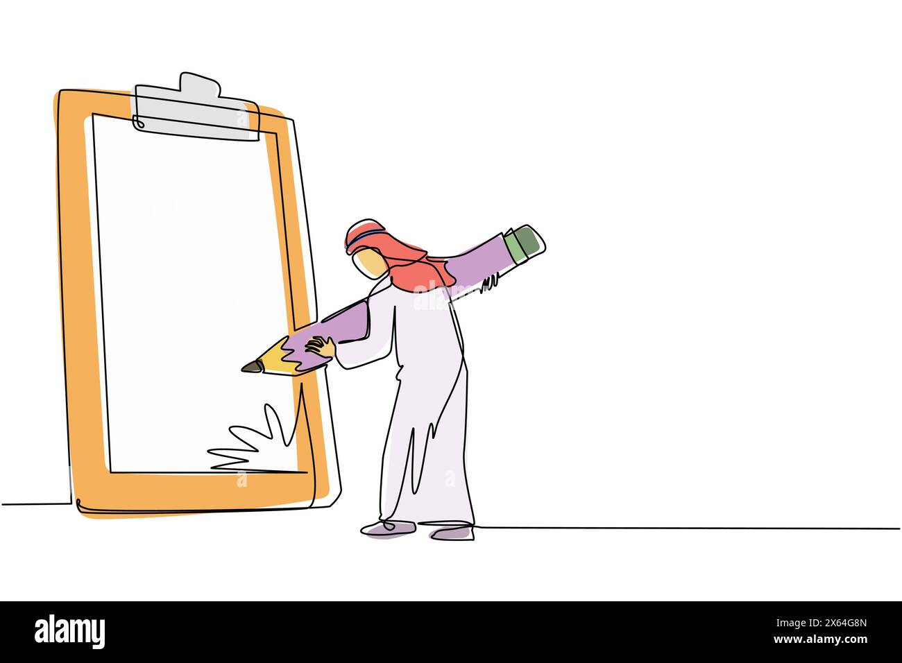 Continuous one line drawing Arab businessman mark checklist with pen ...