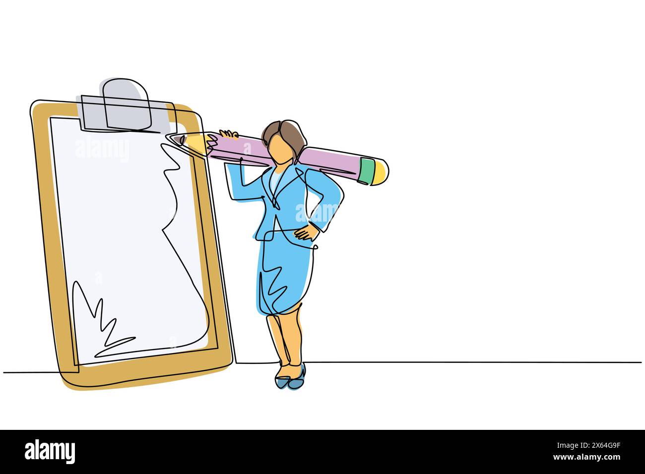 Single continuous line drawing positive businesswoman with giant pencil ...