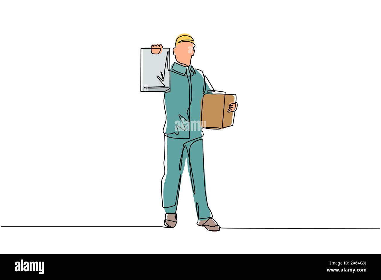 Single continuous line drawing happy delivery man with parcel post box ...