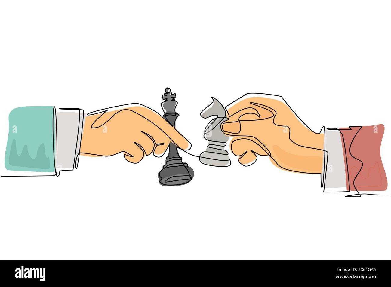 Single continuous line drawing two man's hands with king and horse ...