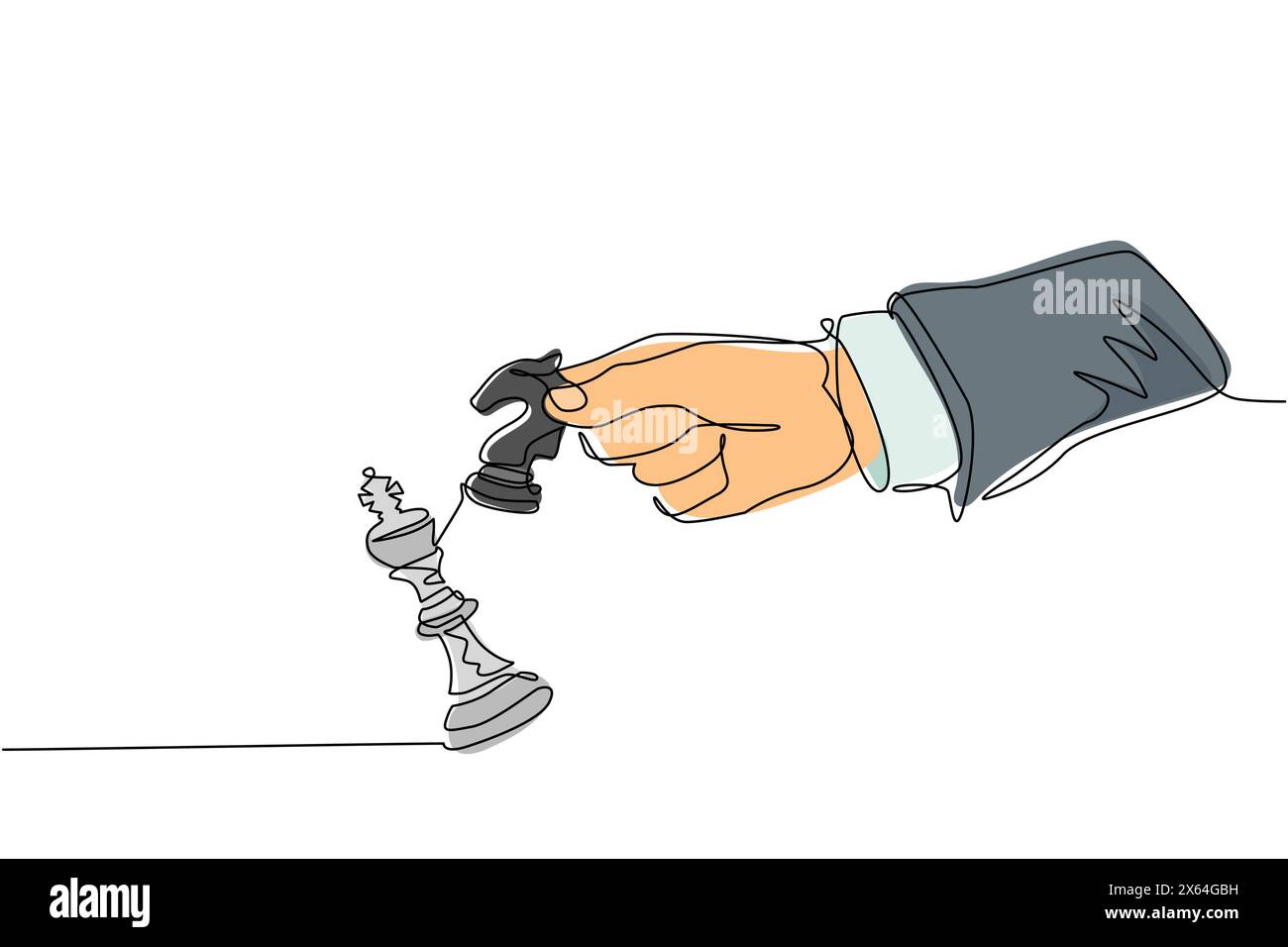 Single continuous line drawing man hand holding chess horse knight ...