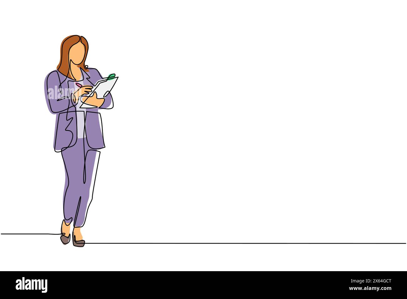 Continuous one line drawing female office secretary writing with ...