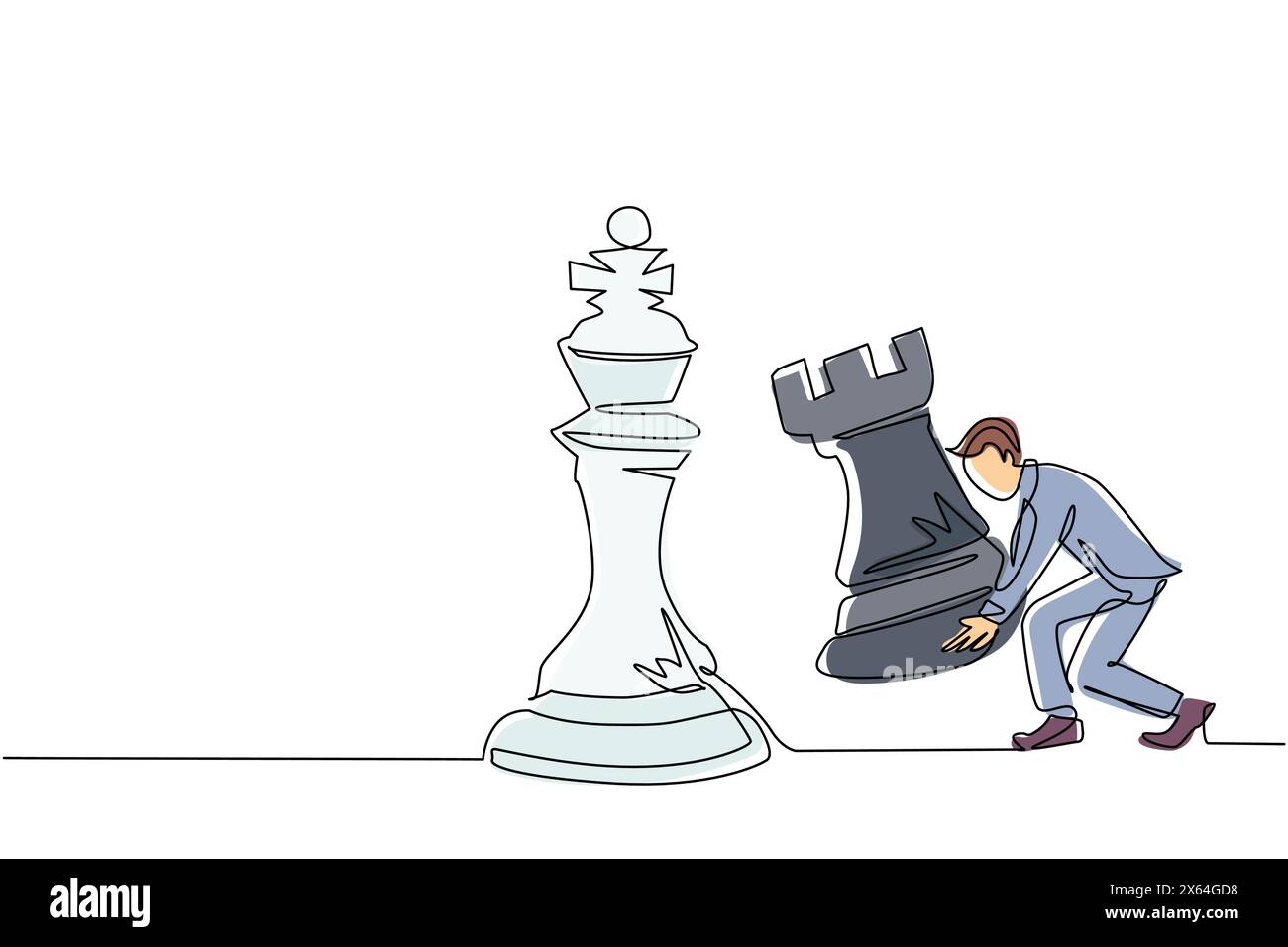 Continuous one line drawing businessman holding rook chess piece to ...