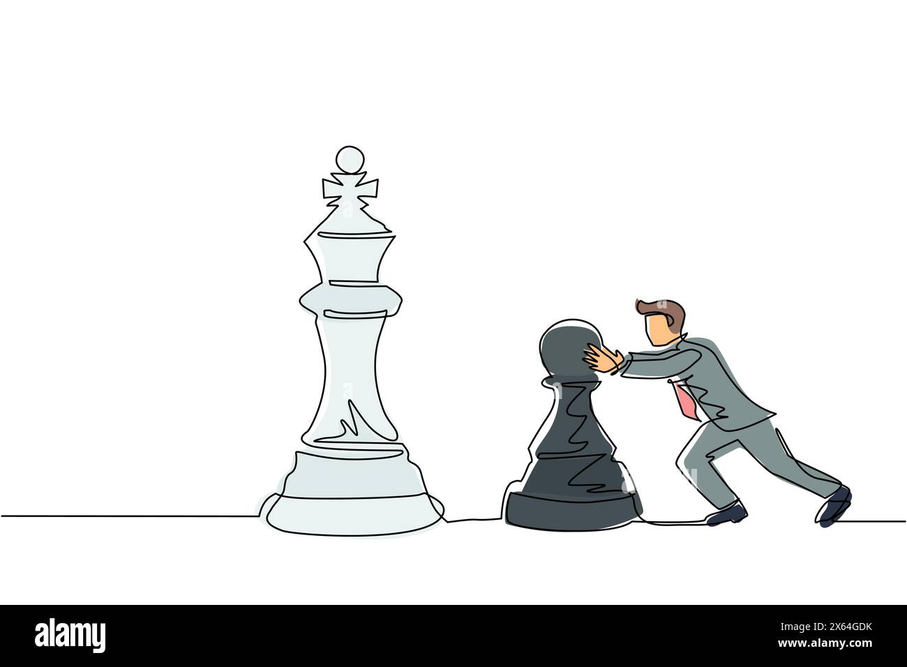 Single continuous line drawing young businessman push huge pawn chess ...