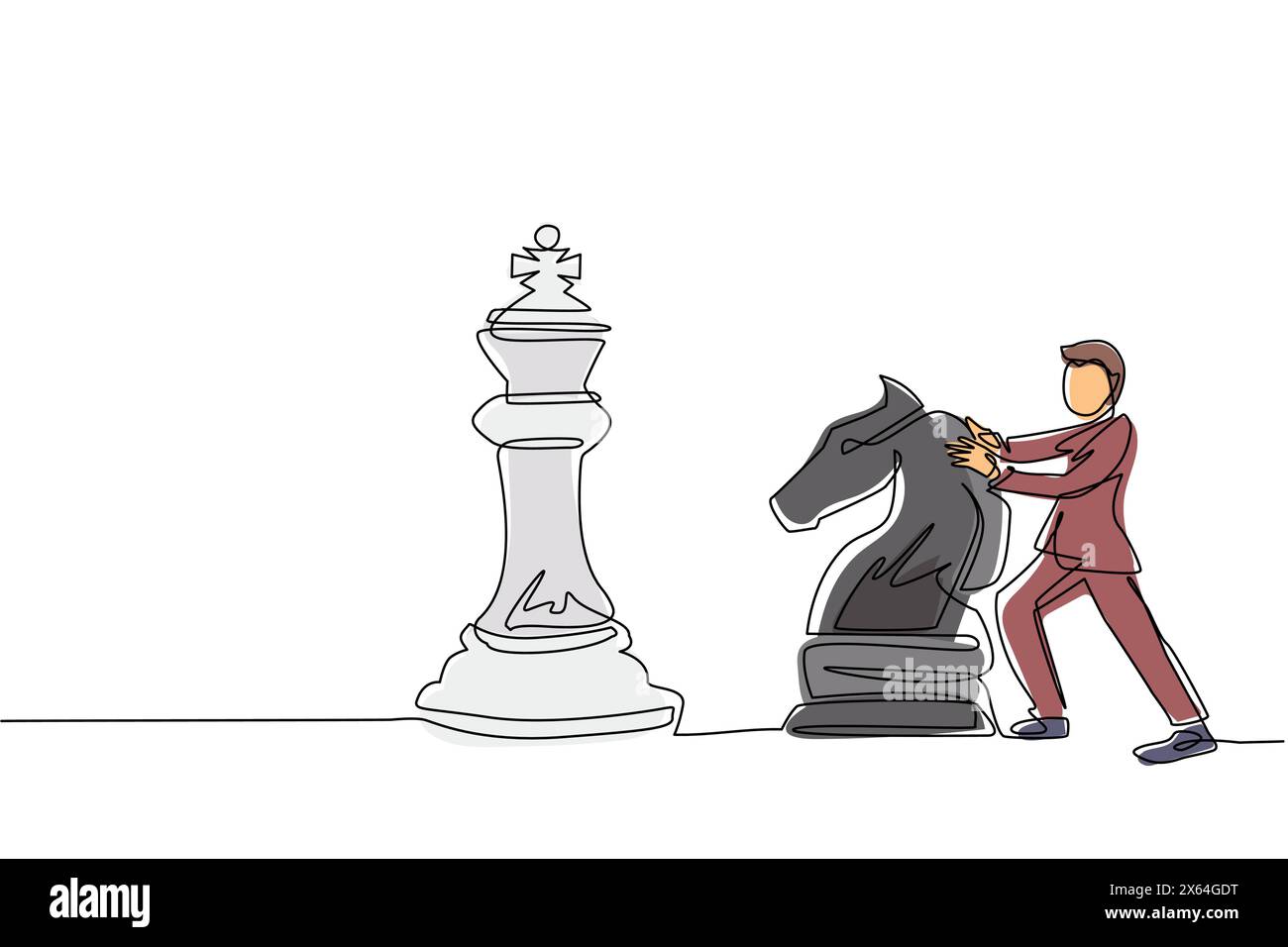 Single continuous line drawing businessman push huge knight chess piece ...