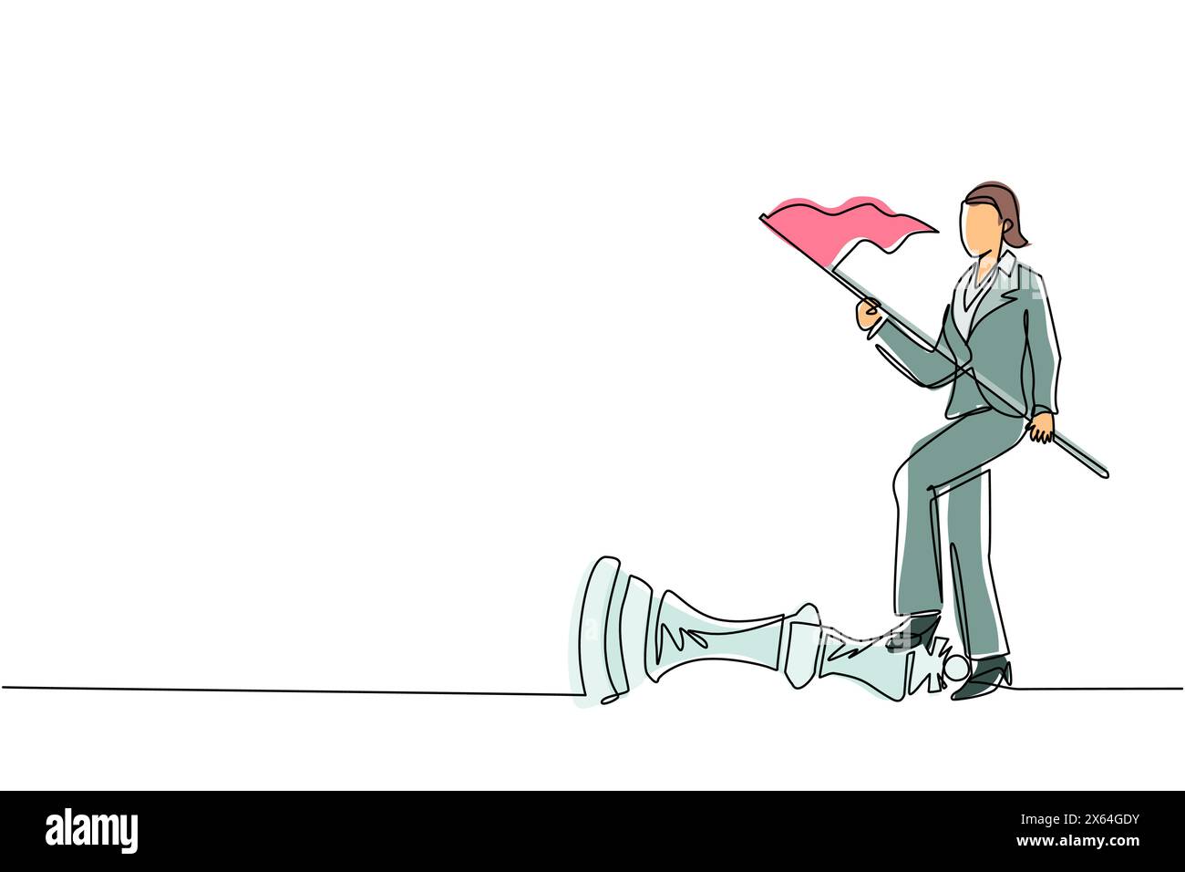 Continuous one line drawing businesswoman holding flag, defeat ...