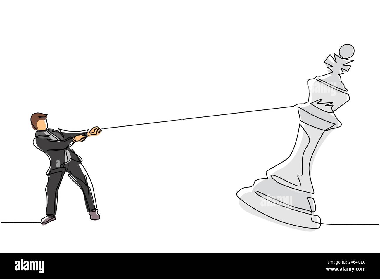 Continuous one line drawing young businessman pulling big king chess ...